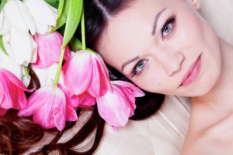 Girl with tulip flowers stock image. Image of green, cheerful - 23719269