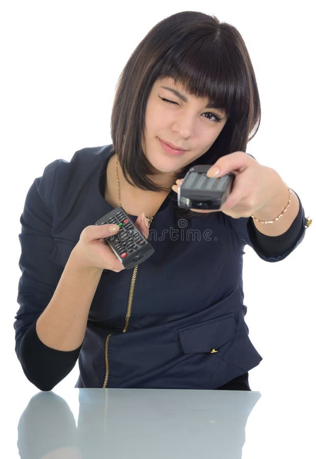 Girl and a remote control. stock image. Image of expression - 21440339
