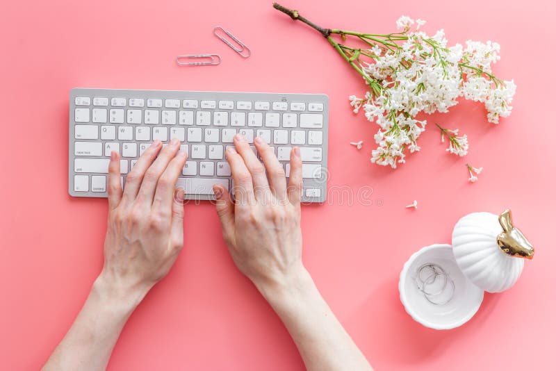 Girl Typing on Computer Keyboard Bright Office Space with Flowers ...