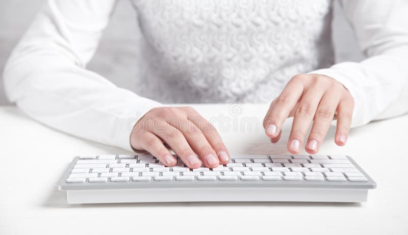 Girl Typing on Computer Keyboard in Office Desk Stock Image - Image of ...