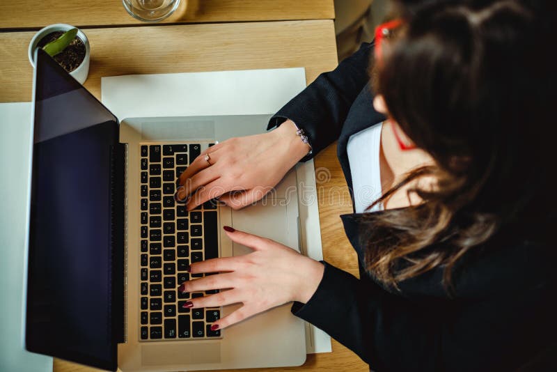 Girl Typing on Computer in Restaurant Stock Image - Image of modern ...