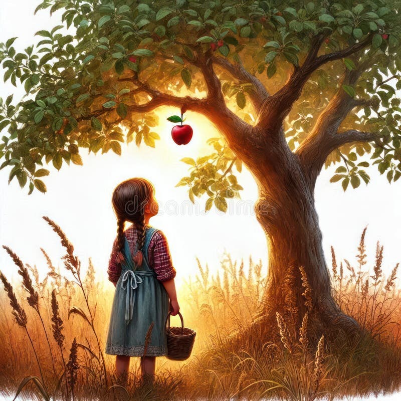 A Girl Under an Apple Tree Lit by the Morning Sun. Stock Photo - Image ...
