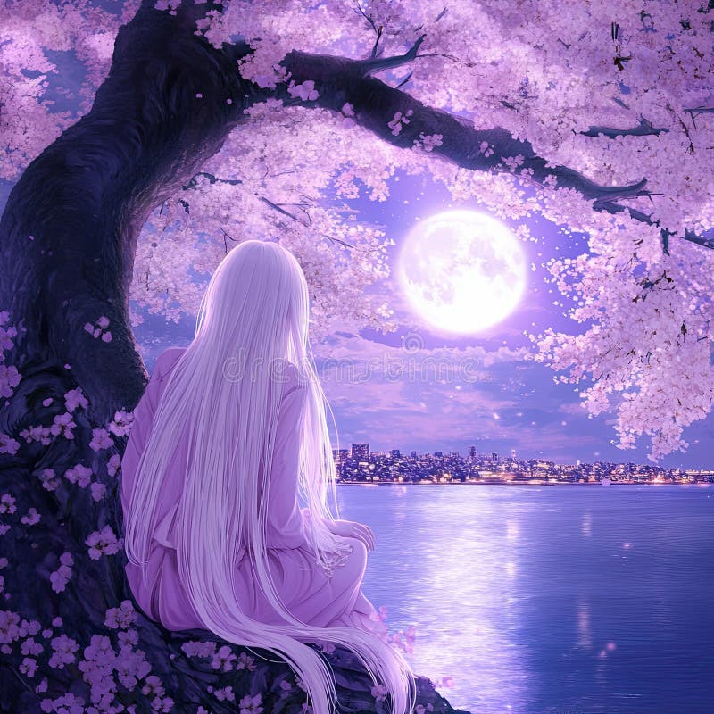 Girl Under Cherry Blossom Tree at Night Stock Image - Image of tree ...