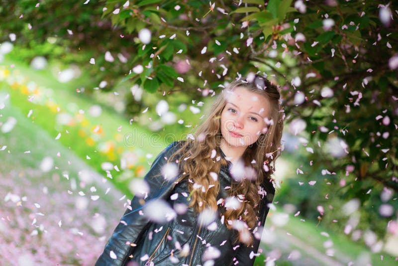 Girl Under Falling Pink Petals Stock Photo - Image of season, rain ...