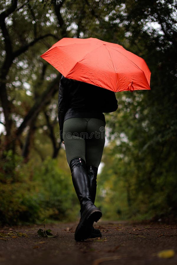 A Girl Under a Red Umbrella Walking in a Fall Park. a Red Umbrella in ...