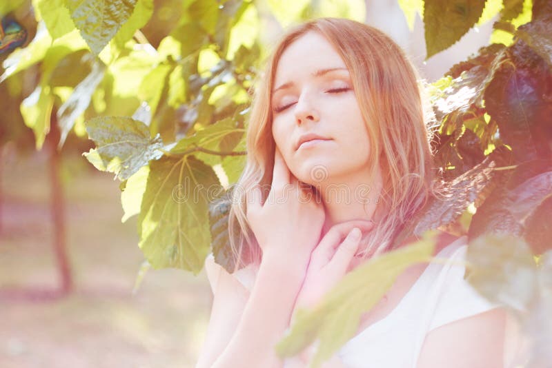 Girl under tree stock photo. Image of flora, green, face - 43784496