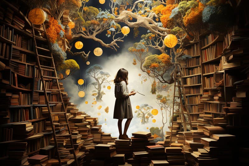 A Girl in an Unusual Fantasy Library among Strange Trees, the Concept ...