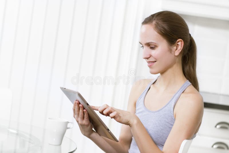 Girl use a Pad stock photo. Image of metal, blue, office - 29645346