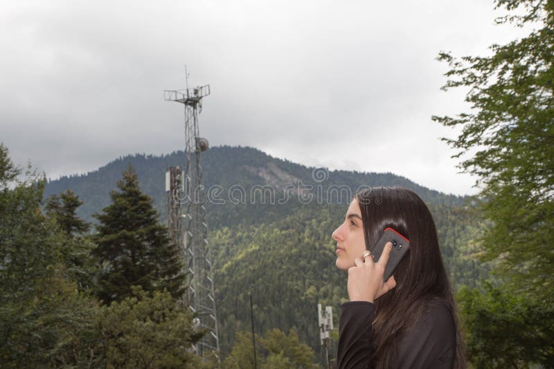 Girl Use Smartphone, with Satellite Dish Telecom Network on ...