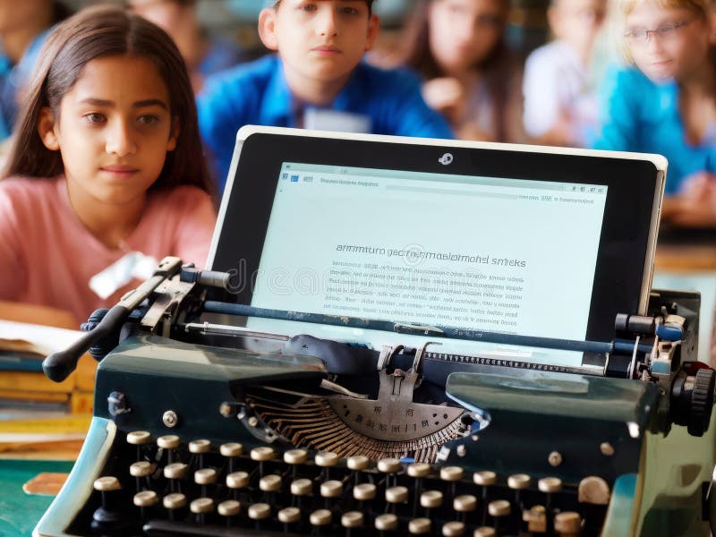 Girl Using Computer while Reading Book at Library Stock Illustration ...