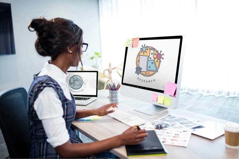 Girl Using Computers with Education Icons on the Screen Stock Photo ...