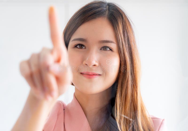 Girl Using Finger To Touch the Screen in Front Stock Image - Image of ...
