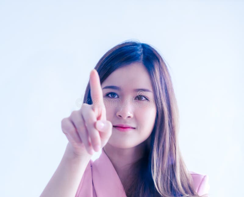 Girl Using Finger To Touch the Screen in Front Stock Image - Image of ...