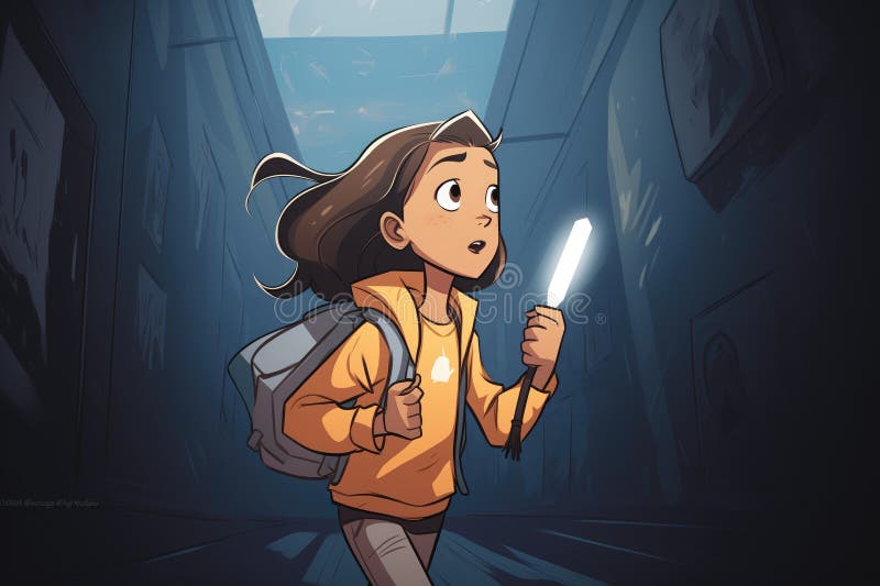 Girl Using a Flashlight To Navigate a Dark Room Stock Illustration ...