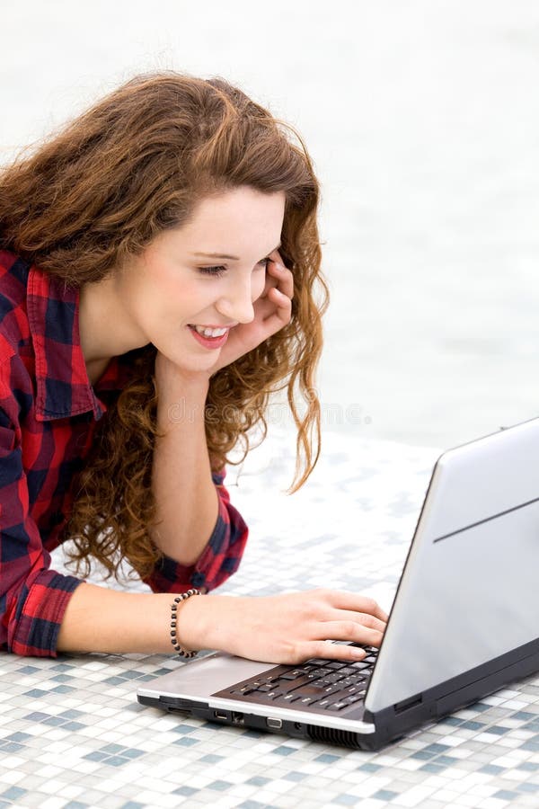 Girl Using a Laptop on a Bench Stock Photo - Image of students, laptop ...