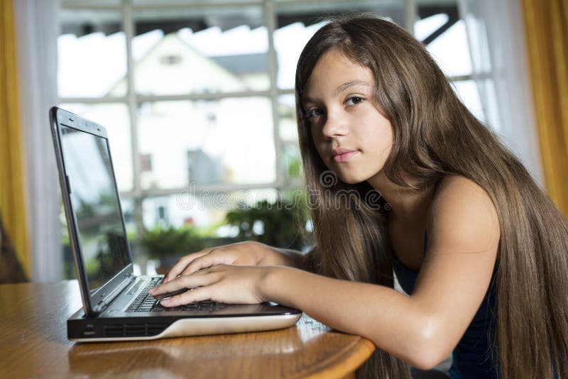 Girl Using Laptop Computer at Home Stock Image - Image of internet ...