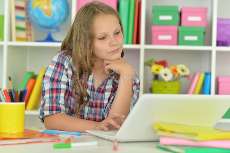 Girl Using Laptop at Desk at Home Stock Image - Image of teen ...