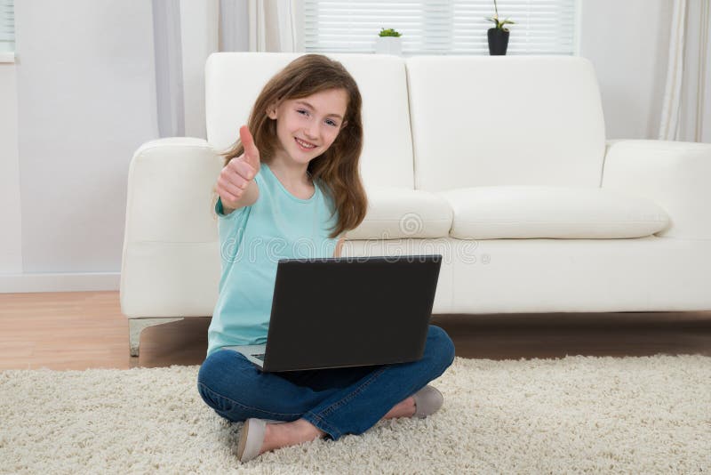 Girl Using Laptop in Living Room Stock Image - Image of living, casual ...
