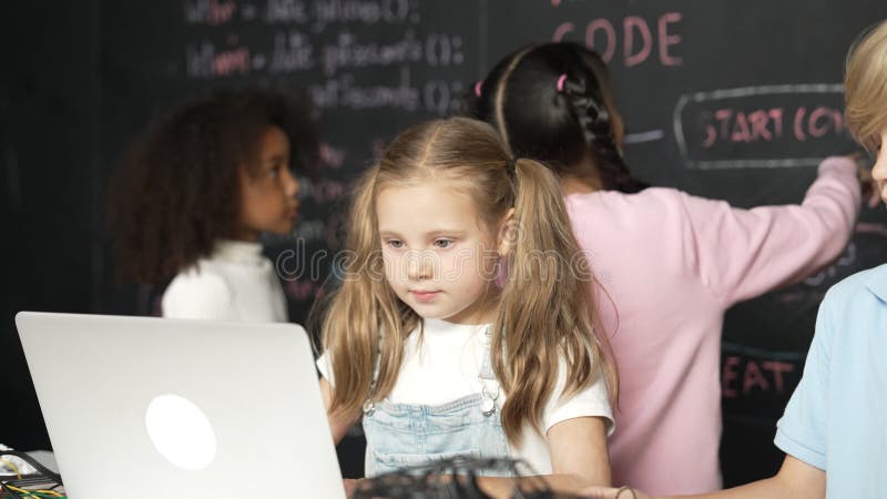 Girl Using Laptop Programing Engineering Code and Writing Program ...