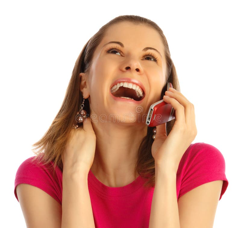Girl Using Mobile Phone. Isolated on White Stock Image - Image of laugh ...
