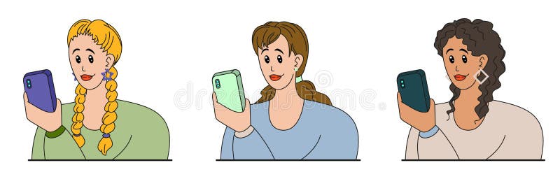 Girl is Using the Phone. Set of Vector Illustrations Isolated on White ...