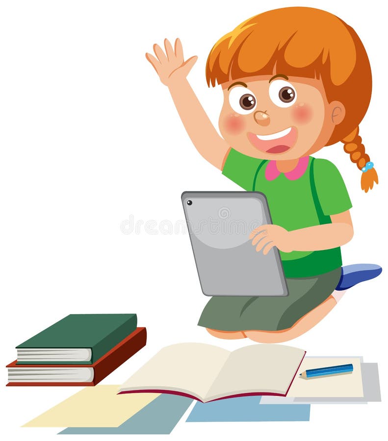 A Girl Using Tablet for Learning Online Stock Vector - Illustration of ...