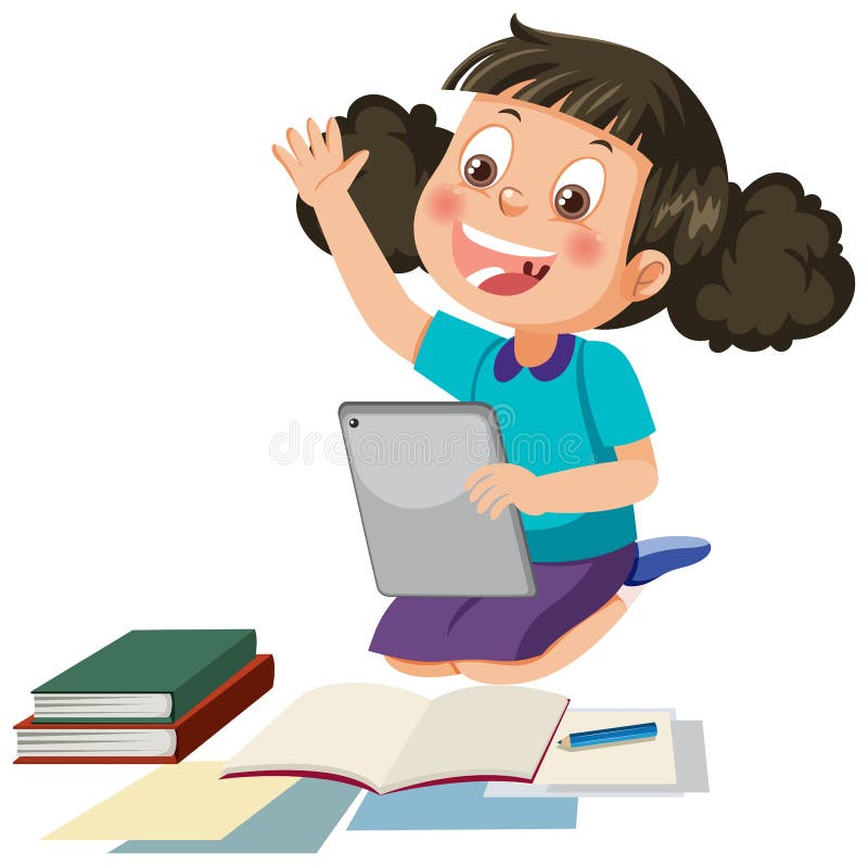 A Girl Using Tablet for Learning Online Stock Vector - Illustration of ...