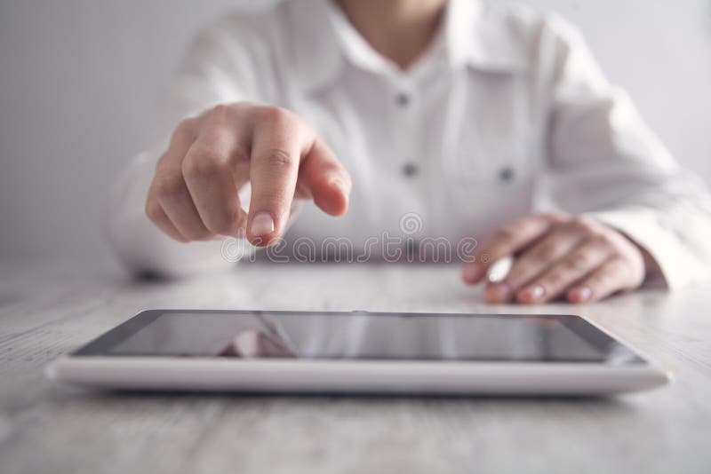 Girl Using Tablet. Modern Office Desk Stock Image - Image of internet ...