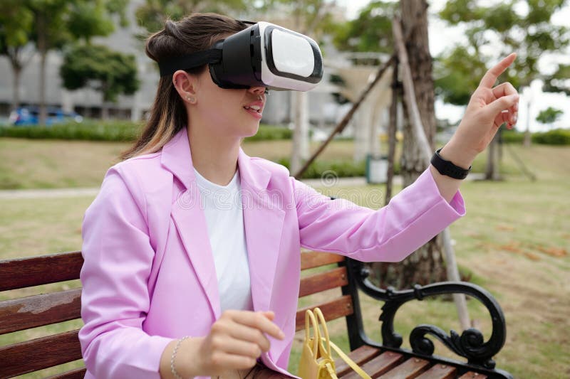 Girl Using VR Glasses Outdoors Stock Image - Image of wireless ...