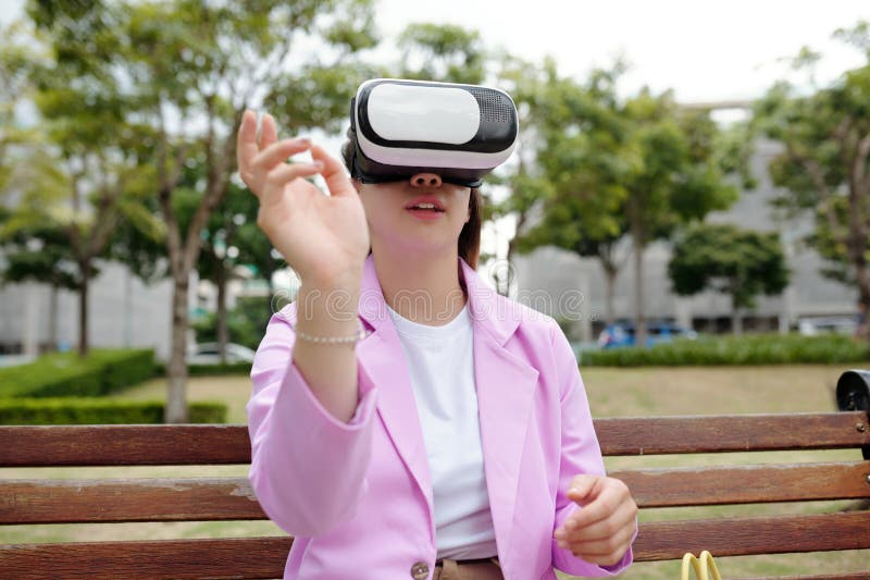 Girl Using VR Glasses Outdoors Stock Image - Image of wireless, park ...