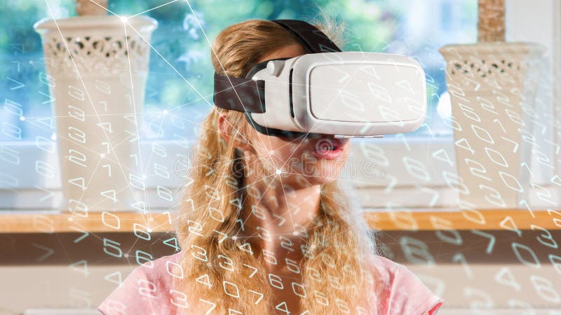 Girl Using Wearable Vr Technology Headset, Wireless Mobile Device Stock ...