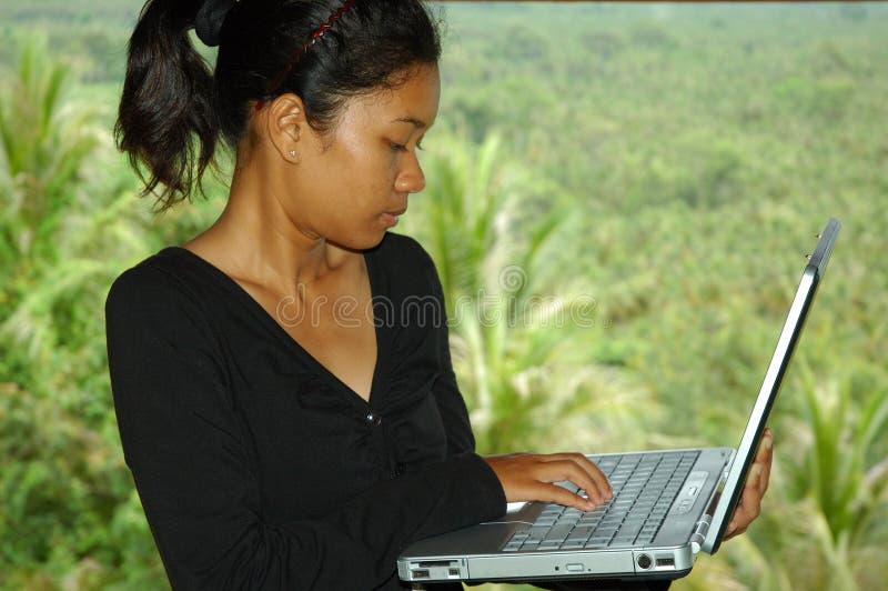 Girl on Vacation Using Laptop Computer Outside Stock Image - Image of ...