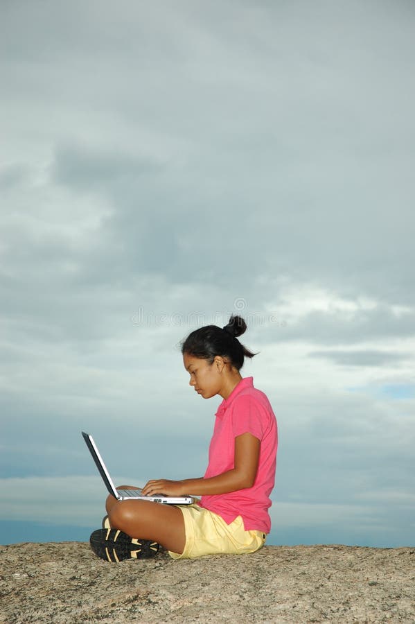 Girl on Vacation Using Laptop Computer Outside Stock Image - Image of ...