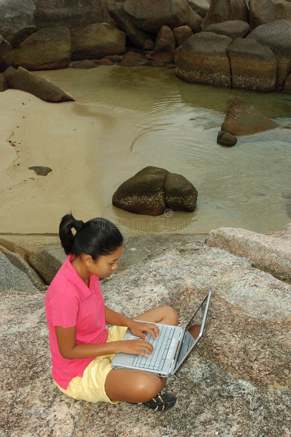 Girl on Vacation Using Laptop Computer Outside Stock Image - Image of ...
