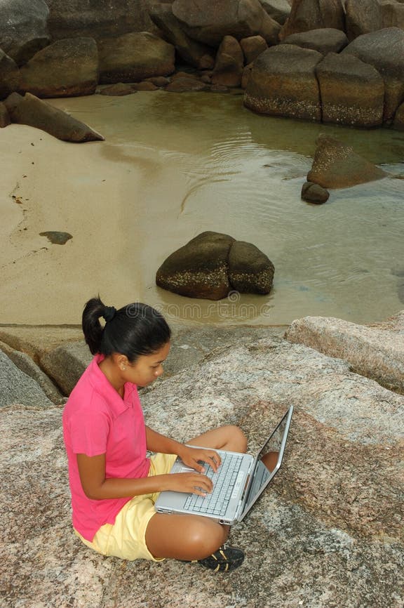 Girl on Vacation Using Laptop Computer Outside Stock Photo - Image of ...