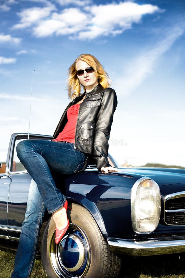 Girl and a vintage car stock image. Image of 1950s, benz - 10846463