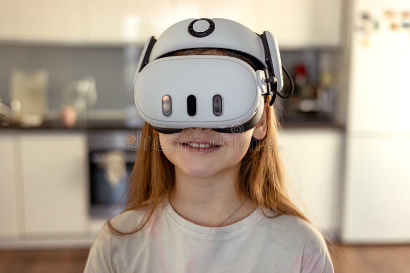 Girl in VR Glasses Playing a Game at Home. Learning and Playing with ...