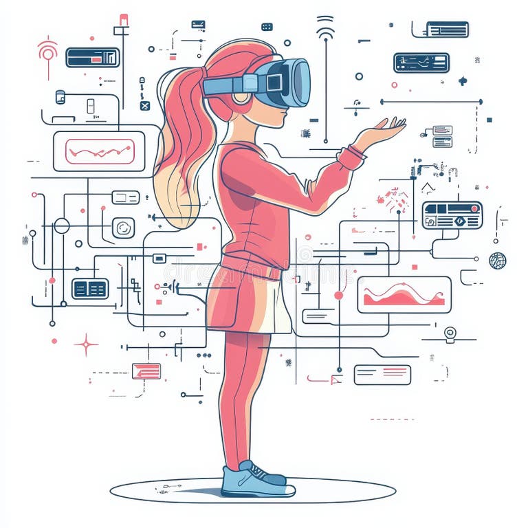 Girl in VR Headset Exploring Digital World Tech Interface Data Visualization Stock Illustration ...