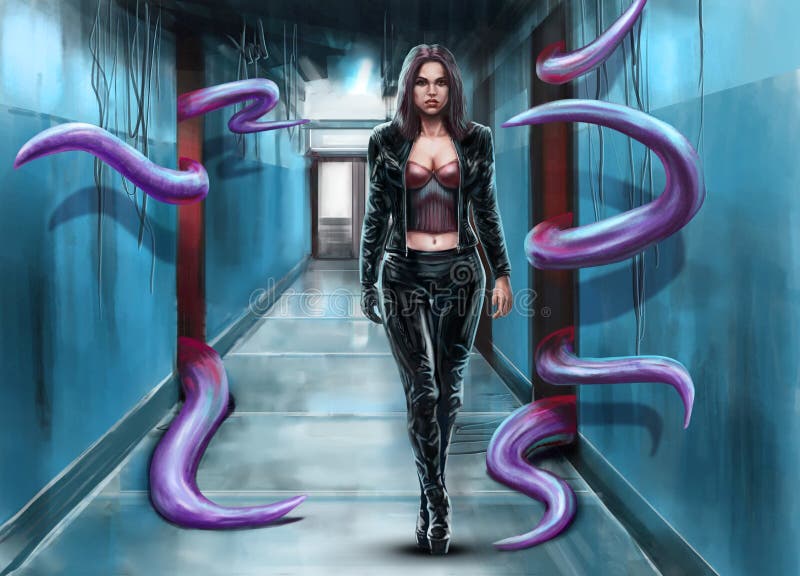 Girl Walking Through Abandoned Corridor And Purple Tentacles Stock Illustration Illustration