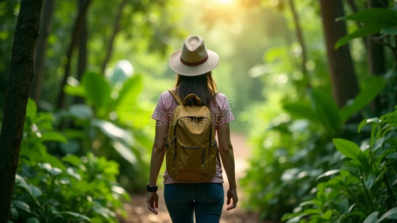 Girl Walking Along a Path through Dense Jungle. Photo from Behind Stock ...