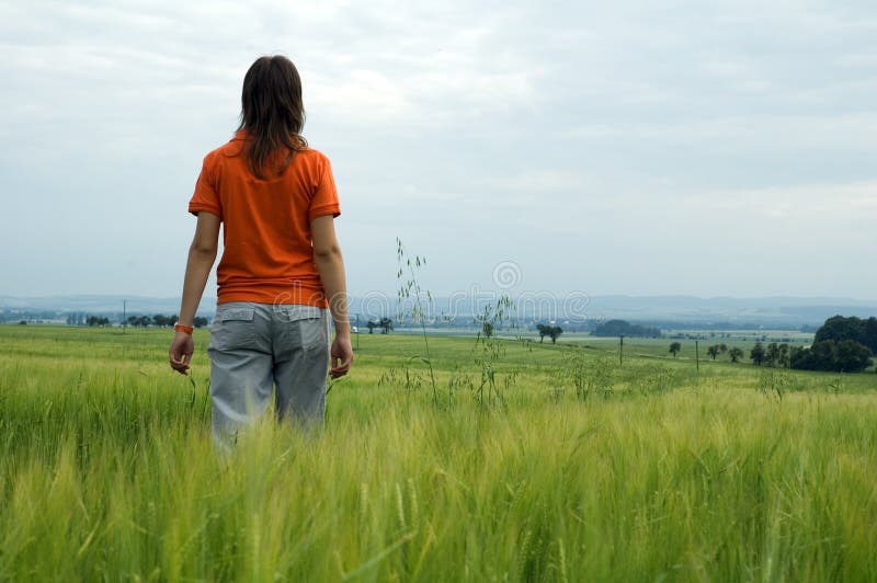 Girl Walking in Field Overlooking Valley Stock Image - Image of rural ...