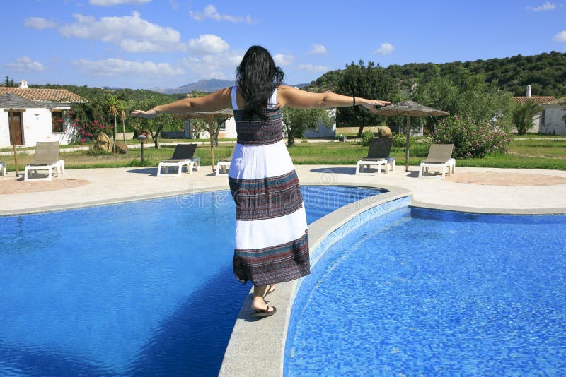 Girl Walking Over the Swimming Pool Stock Photo - Image of back, life ...