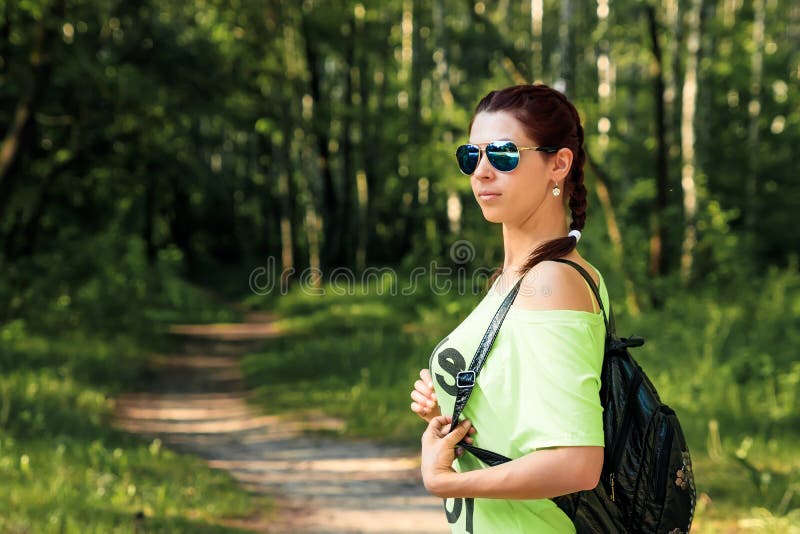 Girl Walking in the Park. Spring Copy Space Stock Photo - Image of ...