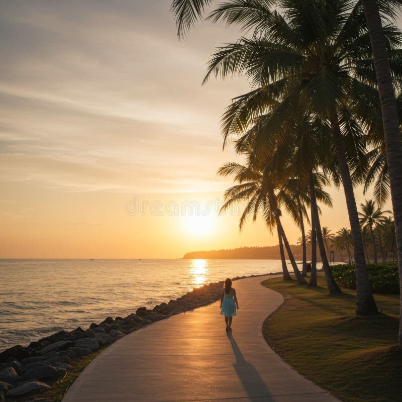 Girl Walking on Tropical Beach Path at Sunset Stock Illustration ...