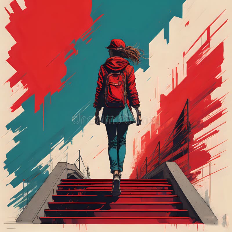 Girl Walking Up the Stairs - Generated by Ai Stock Illustration ...