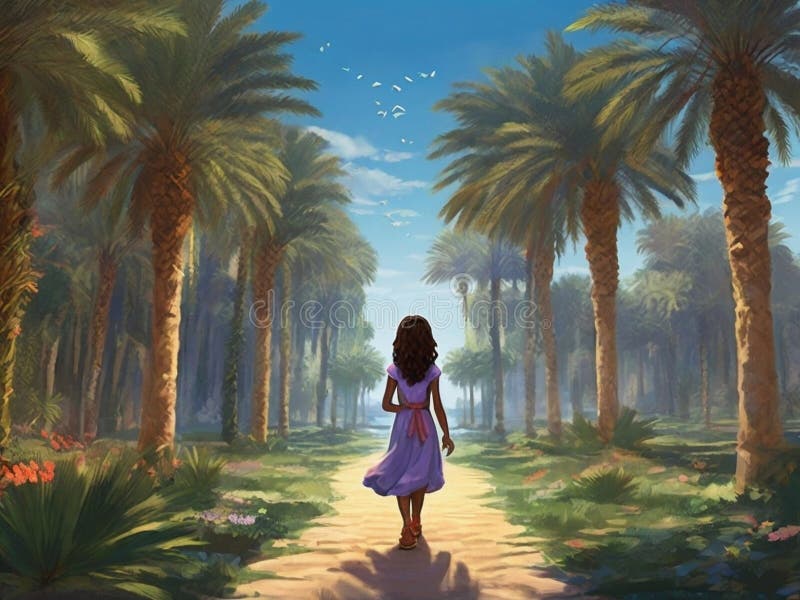 A Girl Walks Along a Path between Palm Trees Stock Illustration ...
