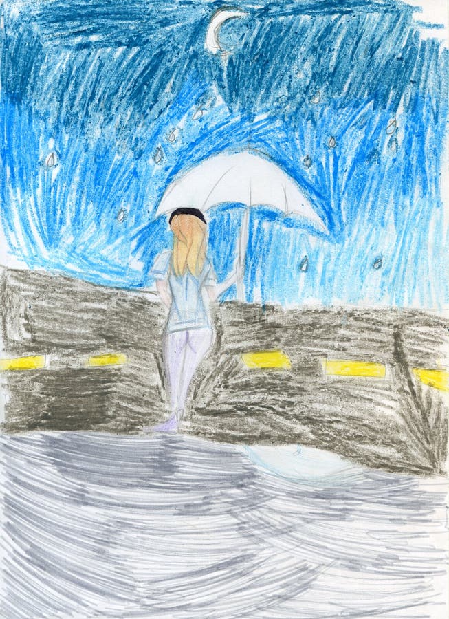 The Girl Walks at Night in the Rain. Pencil Drawing Stock Image - Image ...