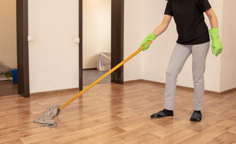 The Girl Washes the Floor with a Rag in the Room Stock Image - Image of ...