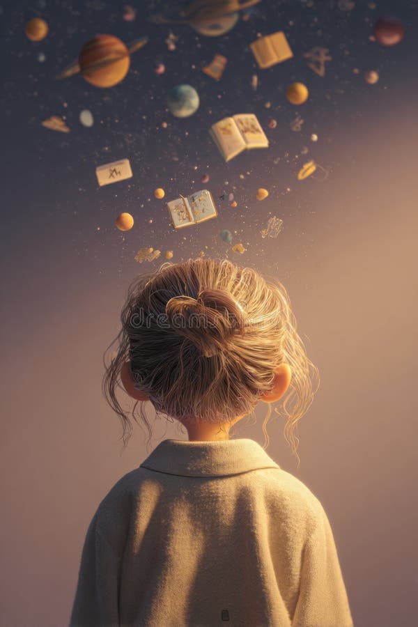 Girl Watching Falling Planets and Books in the Sky, Knowledge and ...