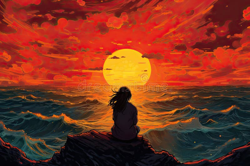 A Girl is Watching the Sunset Alone. Stock Illustration - Illustration ...